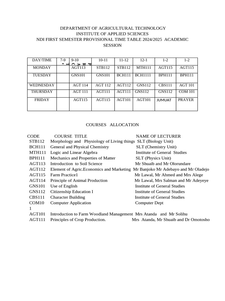 ND 1 24-25 PROVISIONAL TIME TABLE - New | PDF