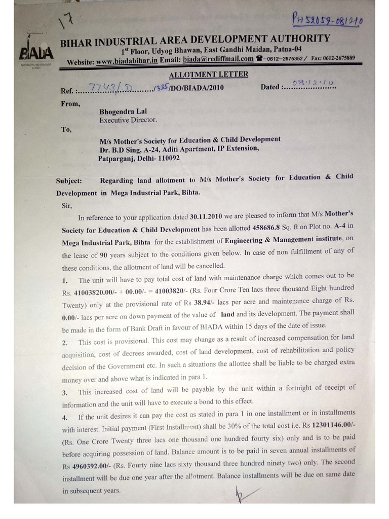 Allotment Letter | PDF