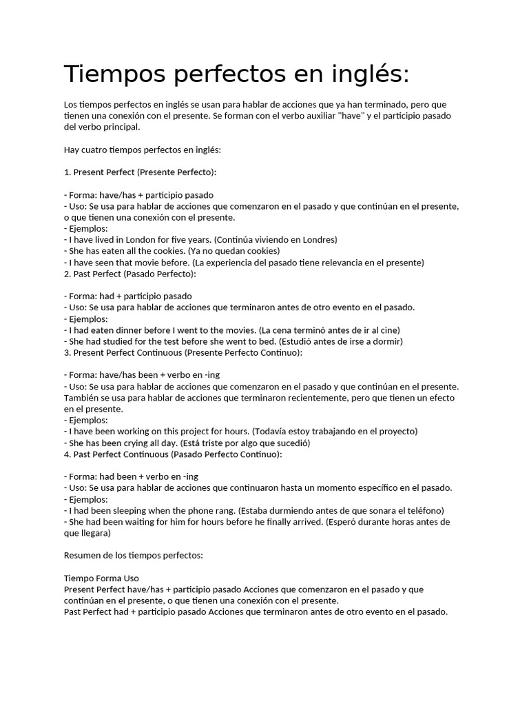 Tiempos perfectos en inglés | PDF | Idiomas | Estudios de idiomas ...