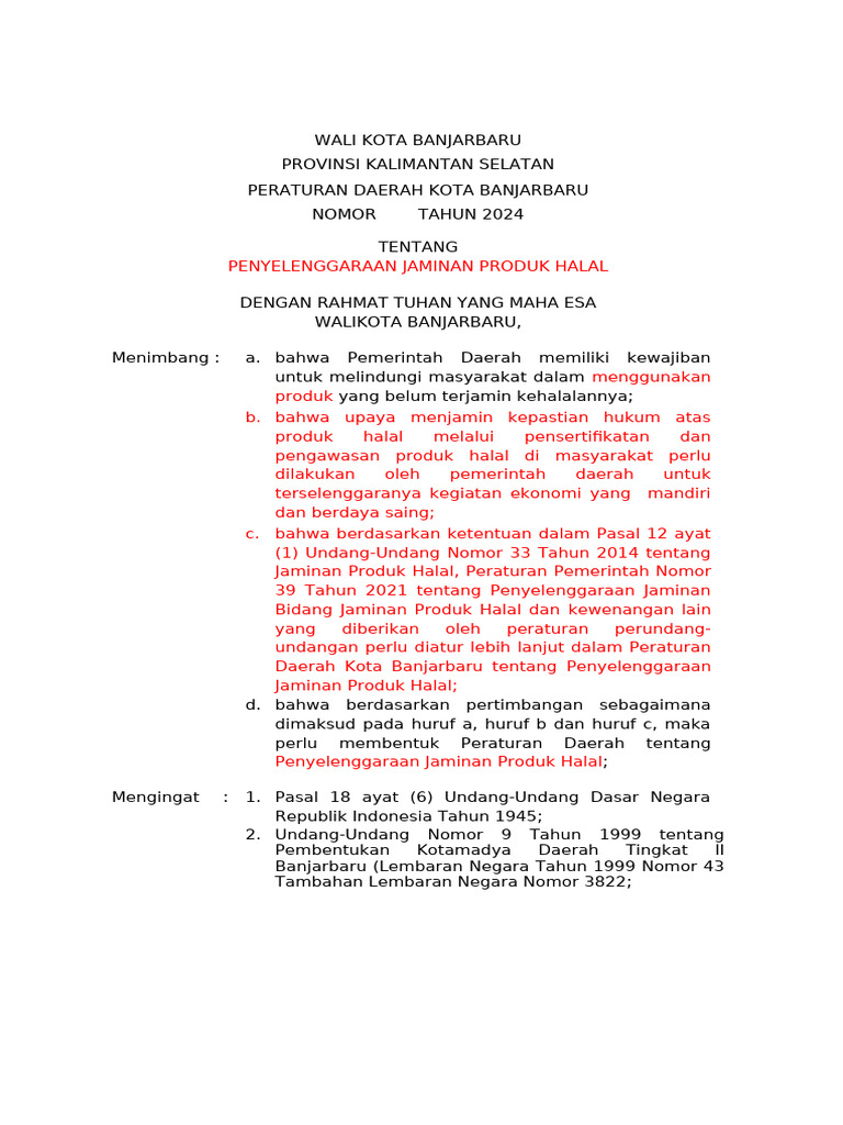 Perda Jaminan Produk Halal Banjarbaru | PDF