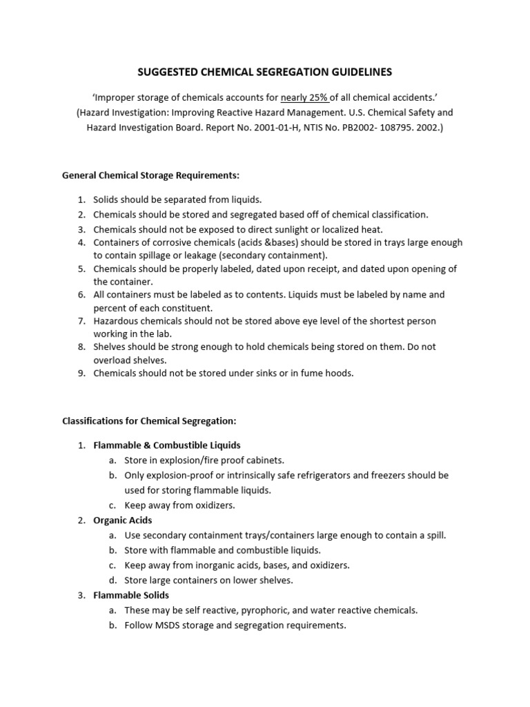 Suggested Chemical Segregation Guidelines | PDF | Chemistry | Materials