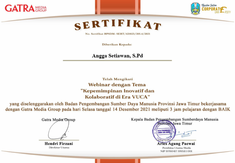 E-SERTIFIKAT Angga Setiawan, S.PD 3JP | PDF