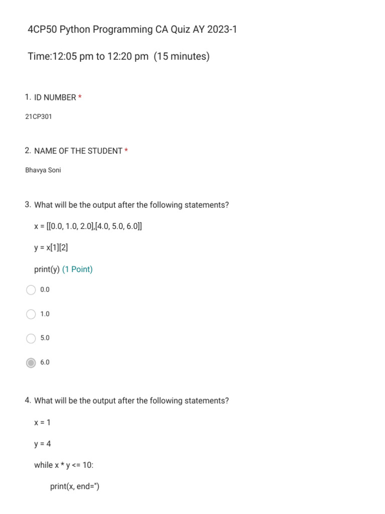 Python Programming Quiz AY 2023-1 | PDF | Computer Programming | Software Engineering