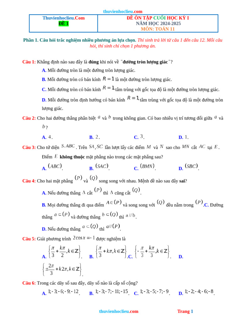 Thuvienhoclieu.com 10 de on Tap Cuoi HK1 Toan 11 KNTT 24 25 | PDF