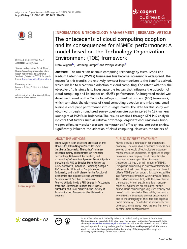 Cloud Computing Adoption in MSMEs: TOE Model | PDF | Structural Equation Modeling | Validity ...