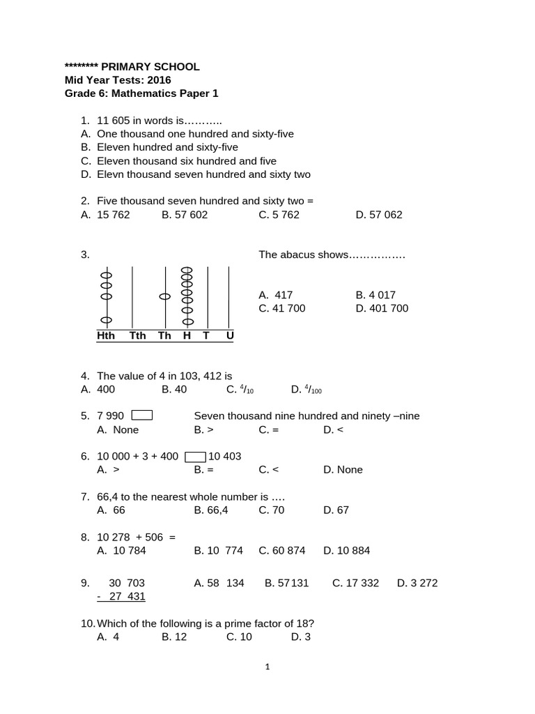 Grade 6 Mathematics Paper 1 | PDF
