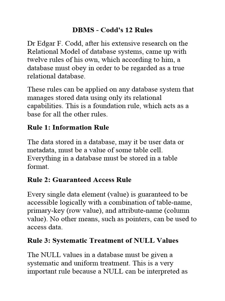 CODD RULES DMS | PDF | Databases | Relational Model