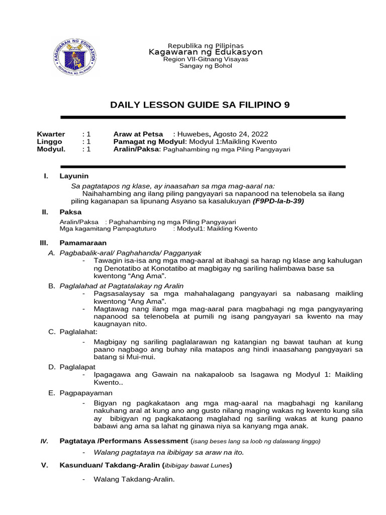 DAILY-LESSON-GUIDE-SA-FILIPINO-9_Q1_WK1_Day4 | PDF