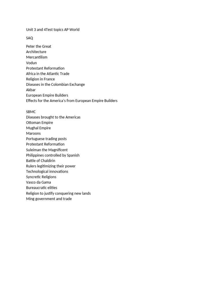 AP World Unit 3 & 4 Test Topics Guide | PDF