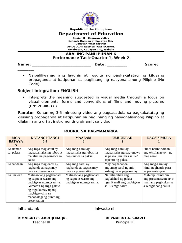 Grade 6 Performance Task - q1-w2 | PDF