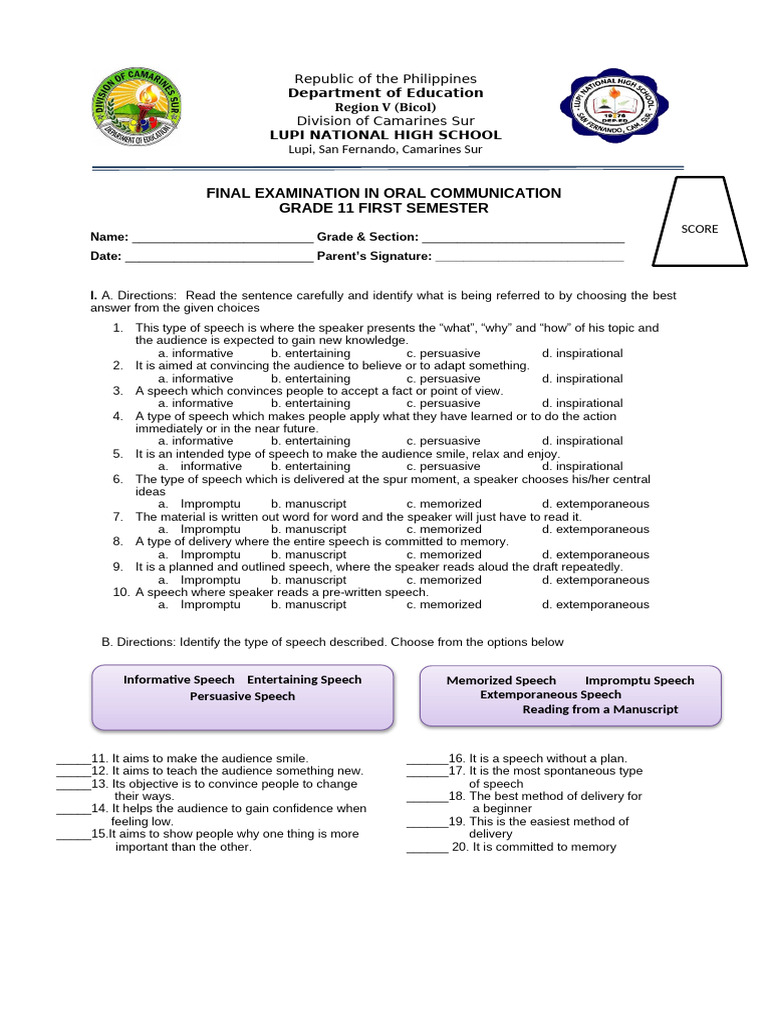 Final Exam in Oral Communication | PDF | Human Communication ...