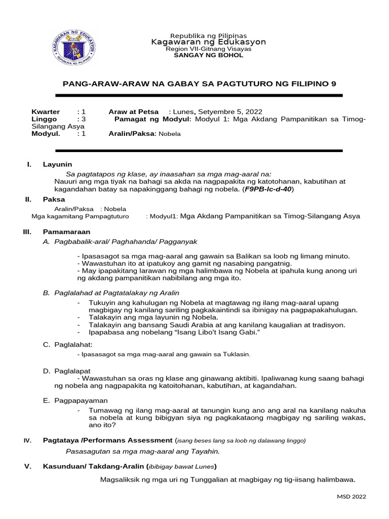 DAILY LESSON GUIDE SA FILIPINO 9 - Q1 - WK3 - Day1 | PDF