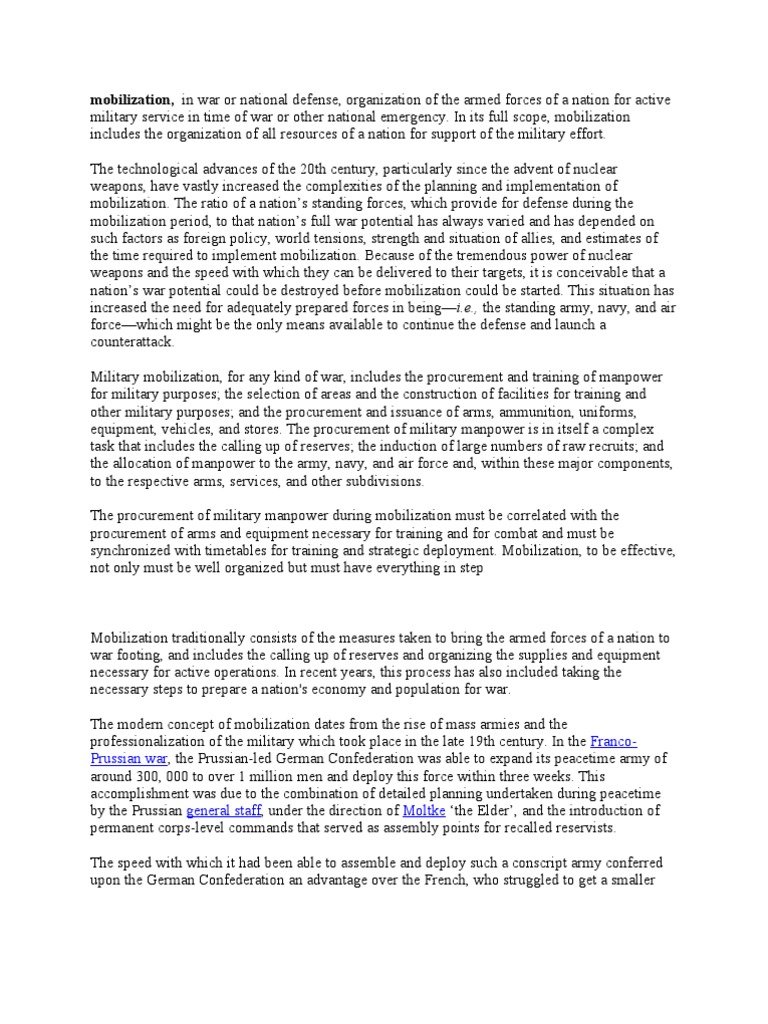 Mobilization, in War or National Defense, Organization of The Armed ...