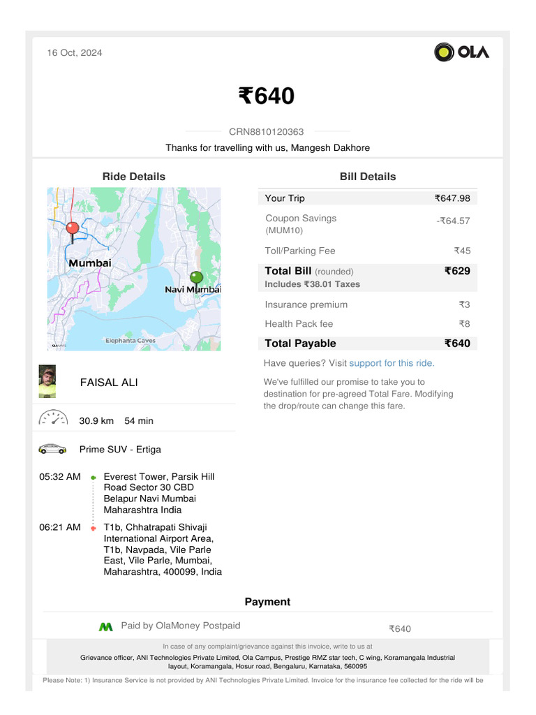 Ola Ride Invoice: Ertiga Trip Details | PDF | Invoice | Payments