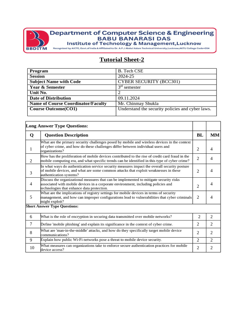 Tutorial Sheet Cyber Unit 2 | PDF | Security | Computer Security