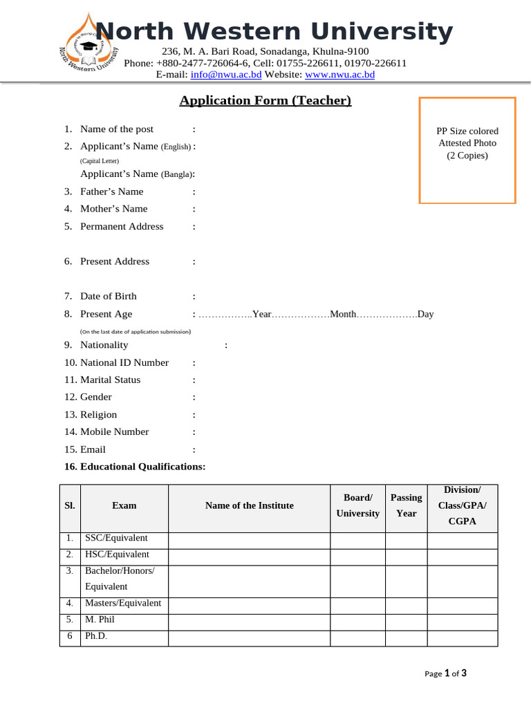 Application Form For Teacher | PDF | Vocational Education | Qualifications