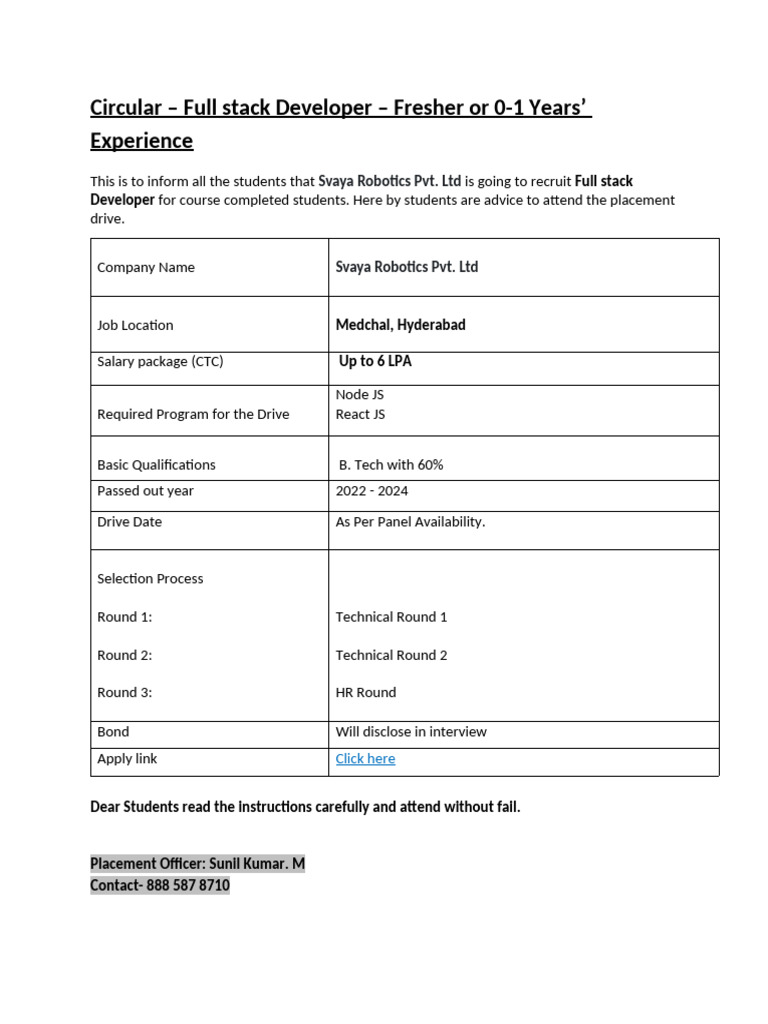 Circular For Full Stack Development@ Svaya Robotics | PDF