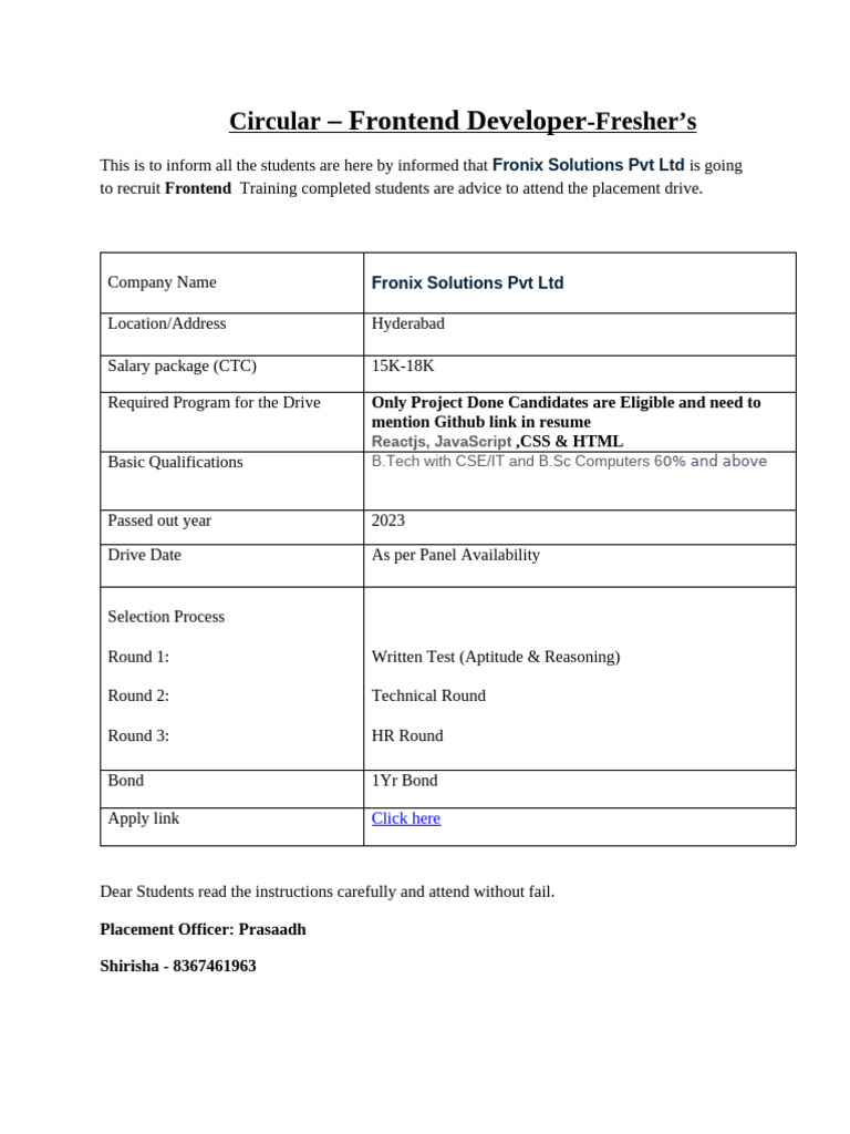 Circular For Frontend Developer-7 | PDF