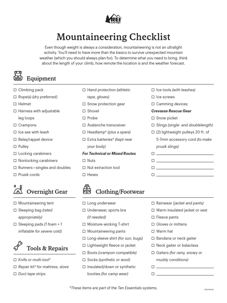 Mountaineering Checklist | PDF | Mountaineering