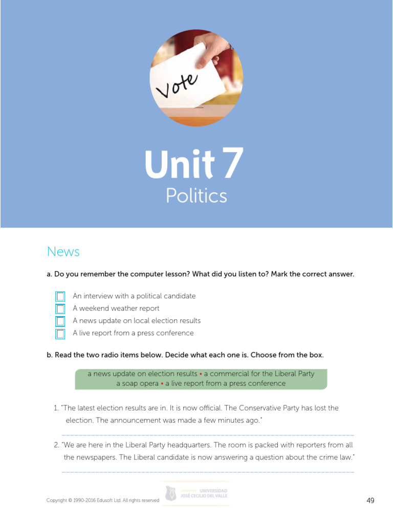 Document 07 Workbook Unit 7 Politics | PDF