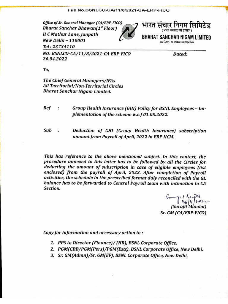 Ghis Bsnl Co CA Letter | PDF