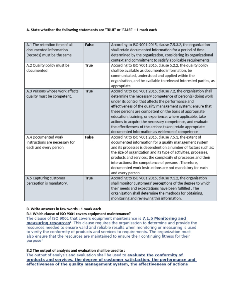 Pre- course self assessment test | PDF | Quality Management | Iso 9000