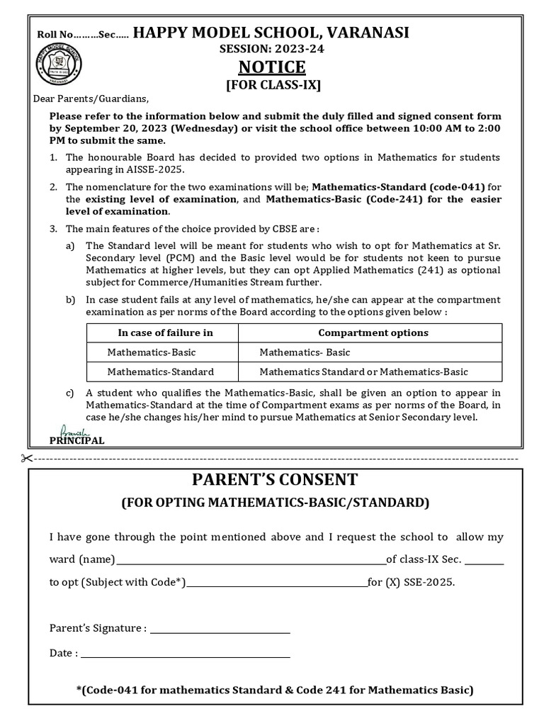 047 15-09-2023 Notice Regarding Class IX Math Basic & Standard 2 | PDF ...