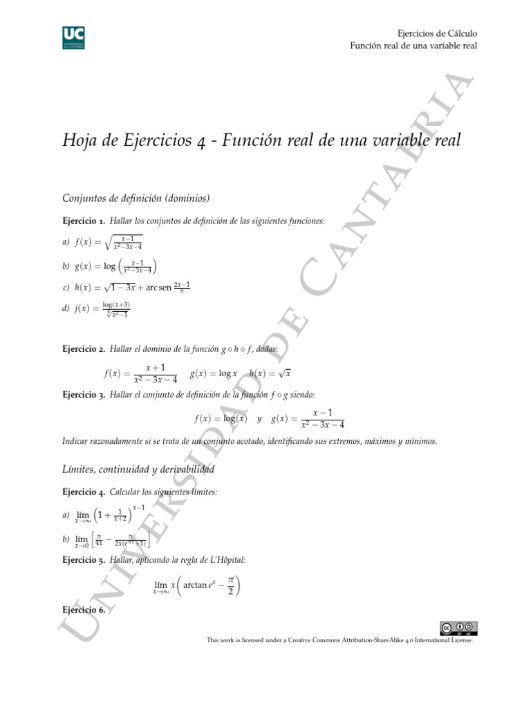 Hoja4 Funcion Real 1var | PDF | Derivado | Función (Matemáticas)