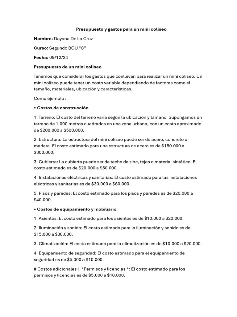 Presupuesto de un mini coliseo[1] | PDF