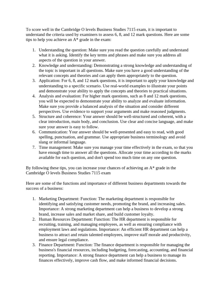 To Score Well in The Cambridge O Levels Business Studies 7115 Exam ...