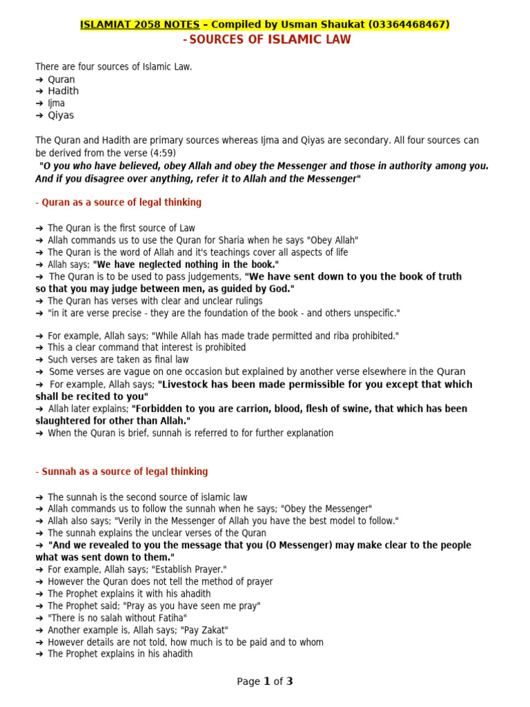 6 - Sources of Islamic Law - Notes | PDF | Monotheism | Islamic Philosophy