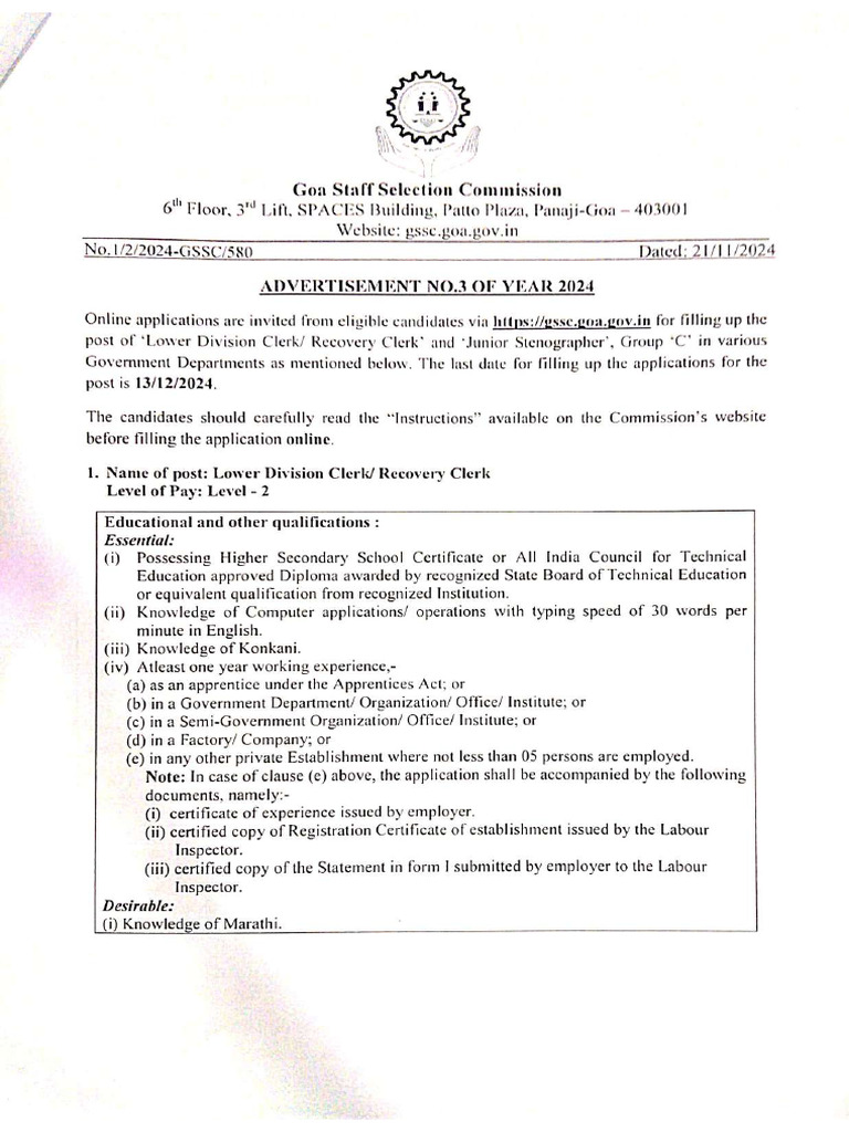 Notification-GSSC-LDC-and-Junior-Stenographer-Posts Goa | PDF