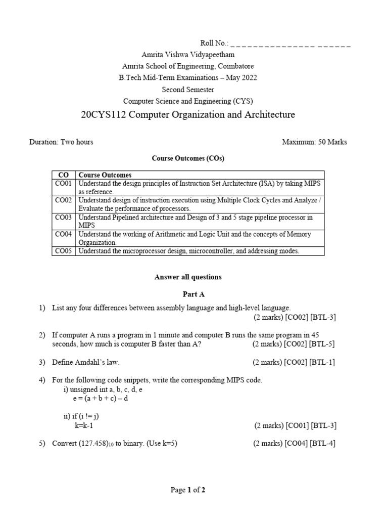 20CYS112 Mid-Term May2022 | PDF | Central Processing Unit | Computer Architecture