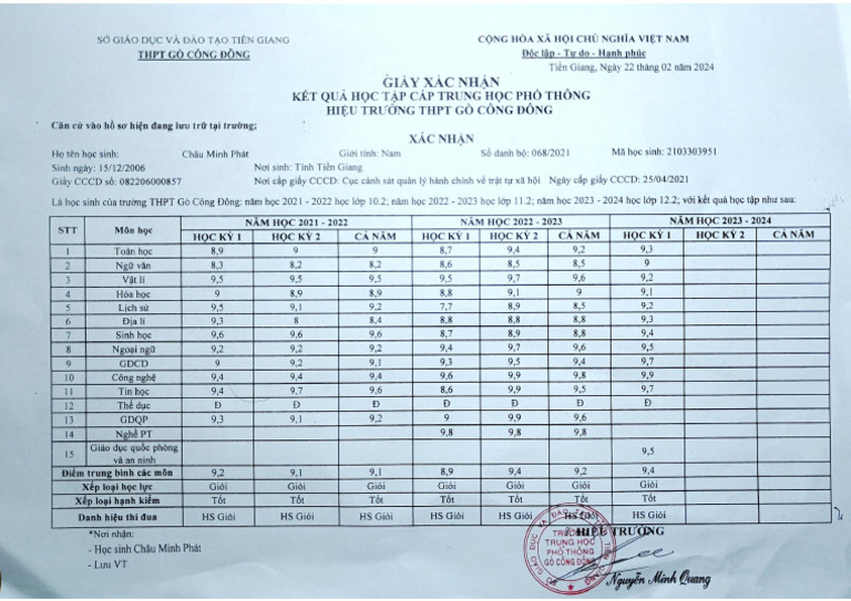 Học bạ THPT | PDF