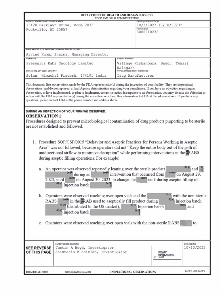 FDA Inspection Report: Fresenius Kabi | PDF | Food Science | Medical ...