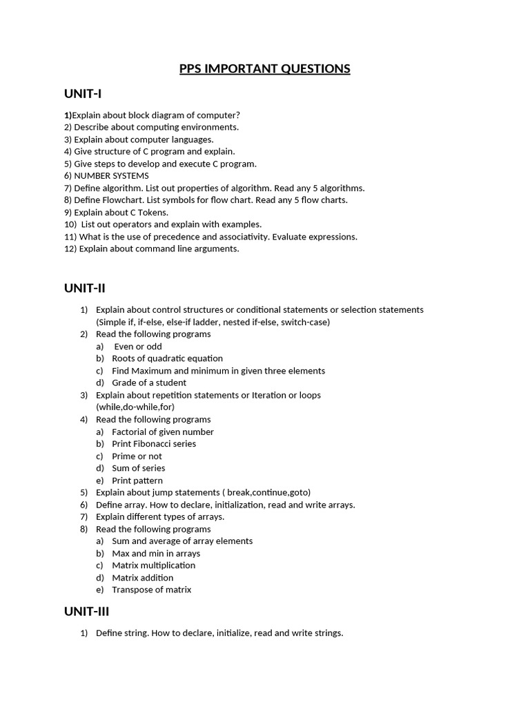 PPS IMPORTANT QUESTIONS | PDF | Pointer (Computer Programming) | Computer File
