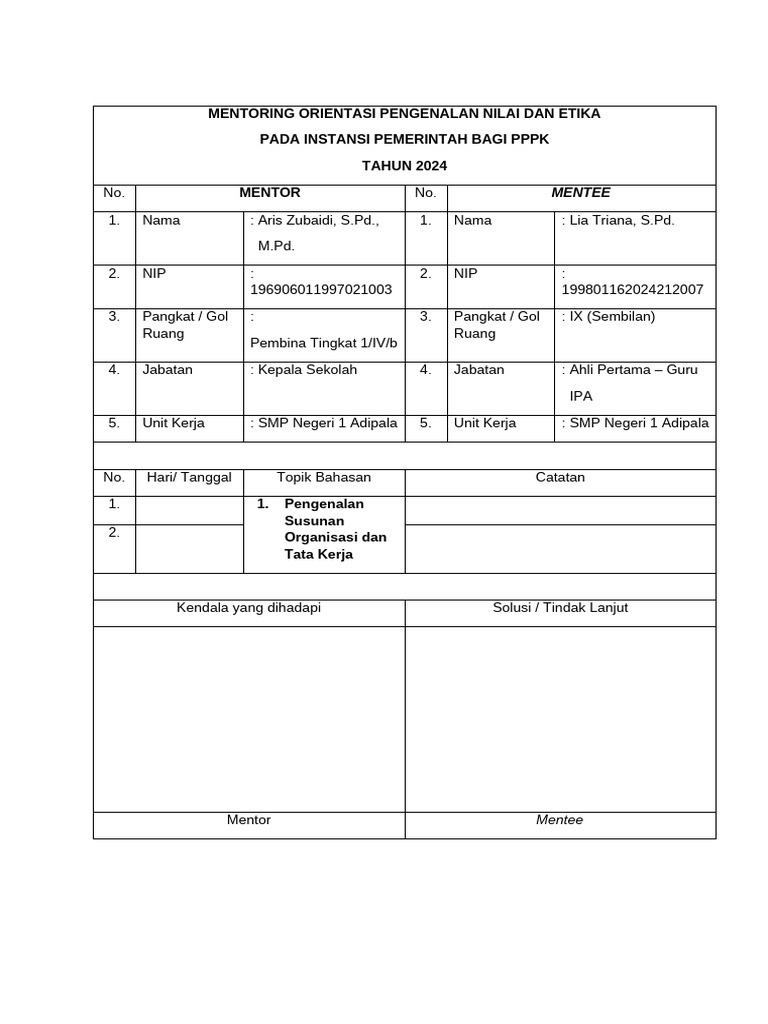 Form Mentoring Untuk Orientasi PPPK TA 2024 | PDF