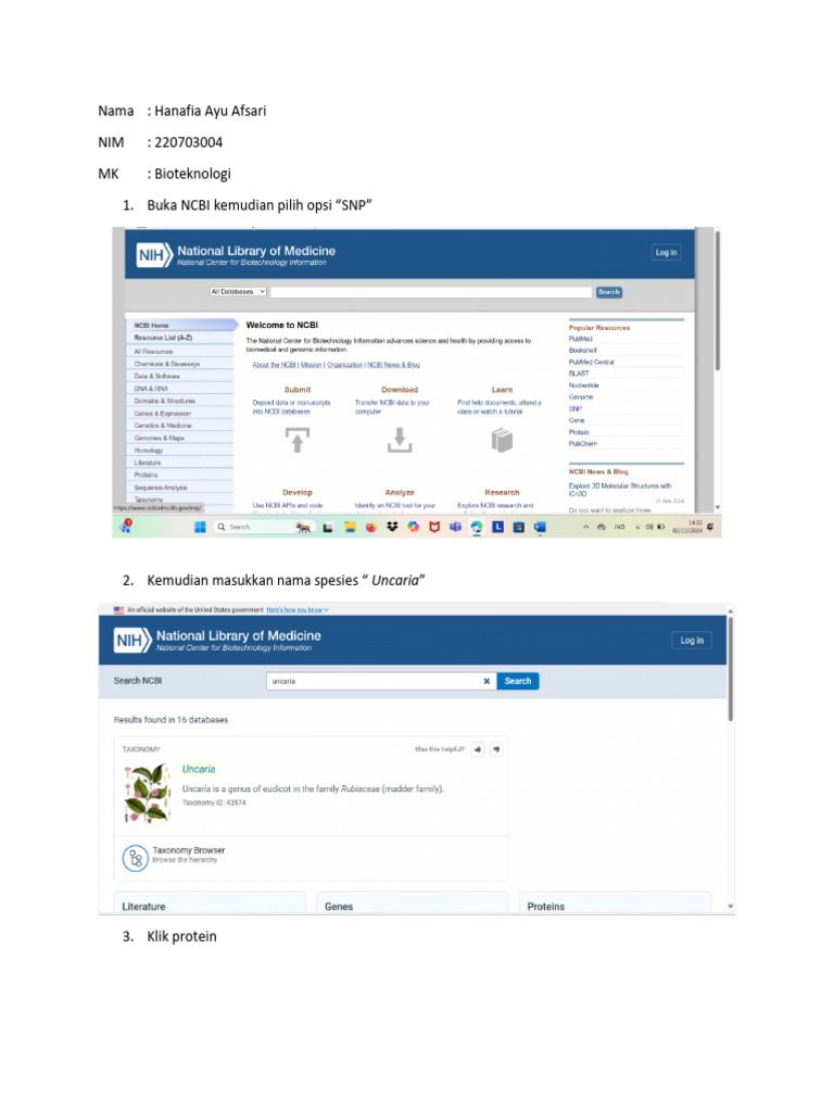 Tutorial Database NCBI Protein Hanafia Ayu Afsari (220703004) | PDF