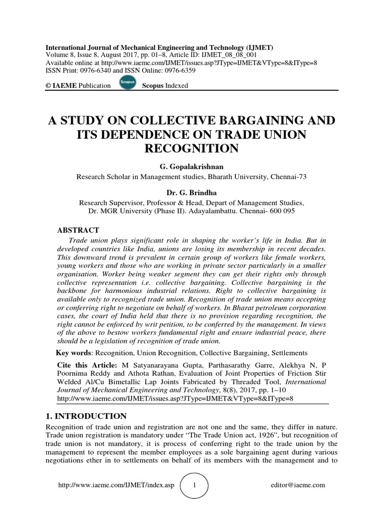 A Study On Collective Bargaining and Its | PDF | Trade Union | Employment