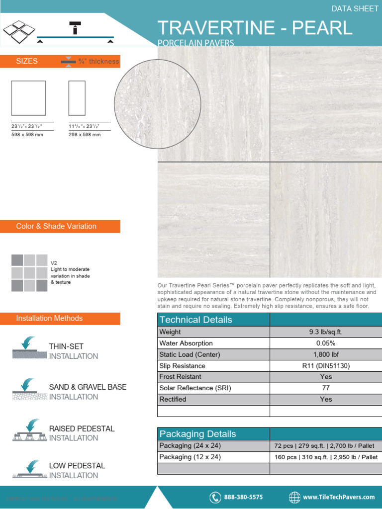Tile Tech Data Sheet Travertine Pearl Porcelain Pavers | PDF | Building ...