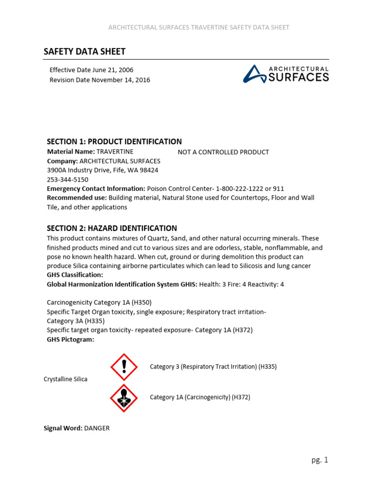 Travertine SDS | PDF | Materials | Occupational Safety And Health