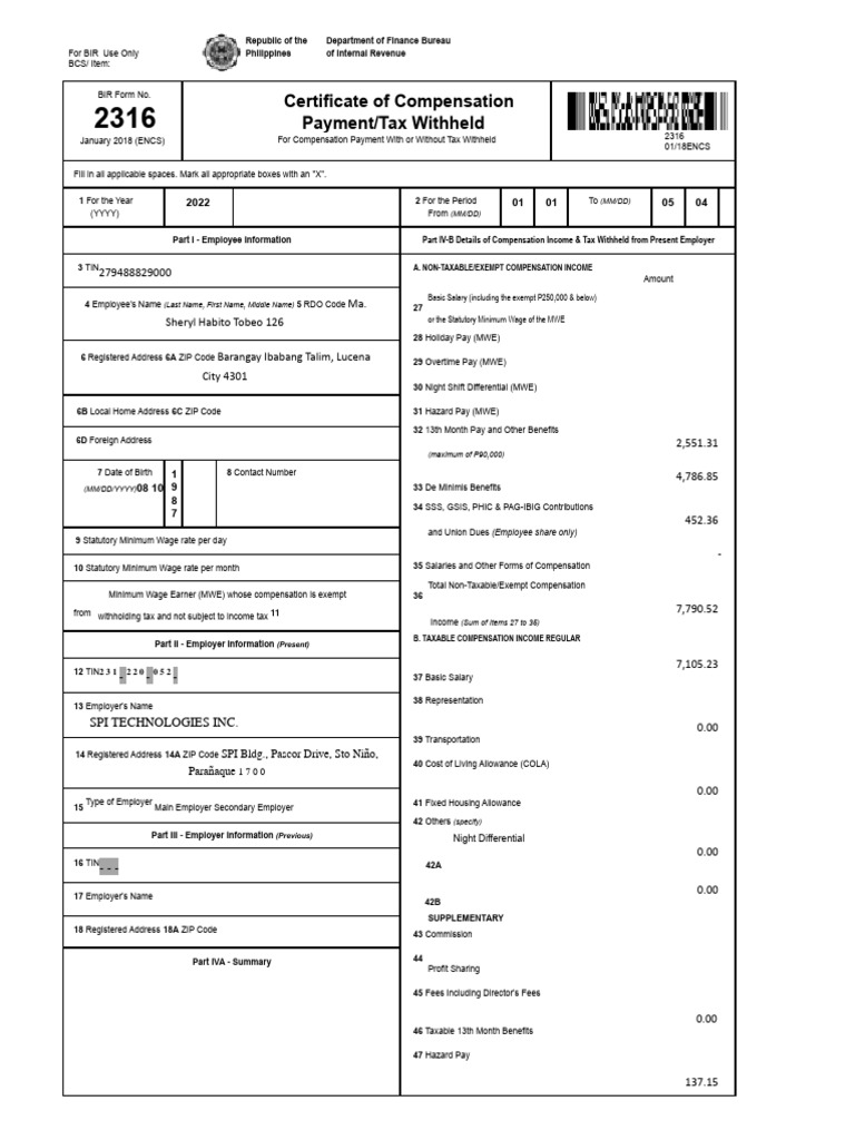 BIR Form 2316: Tax Withheld Certificate | PDF | Cost Of Living | Employment