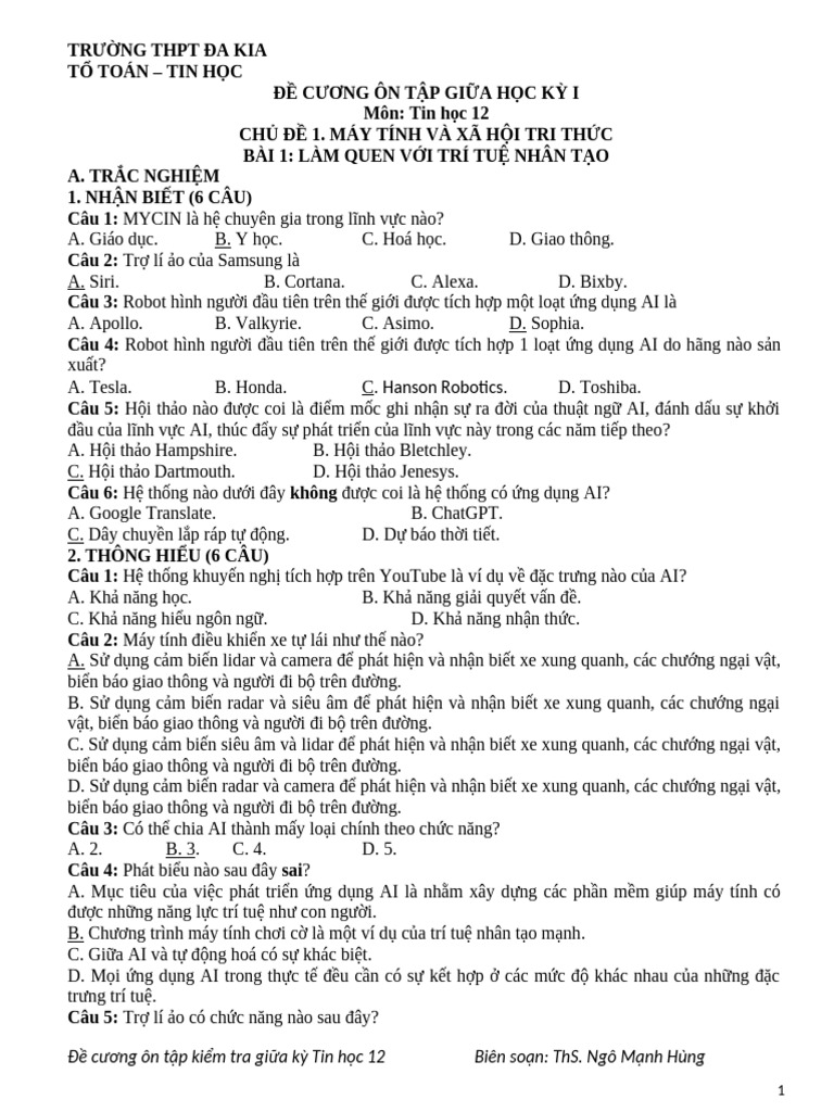 Đề cương GKI I2 | PDF