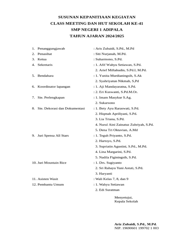 SUSUNAN KEPANITIAAN CLASSMEETING DAN HUT SEKOLAH 2024 | PDF