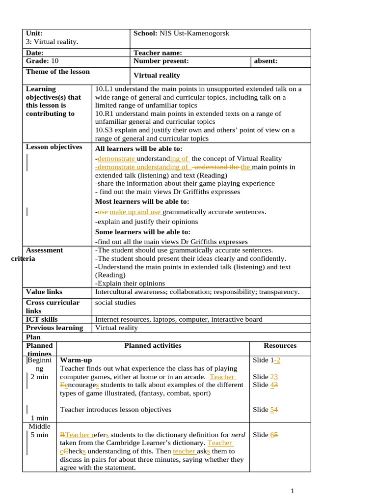 English Grade 10 Unit 3 Virtual Reality Lesson Plan | PDF | Learning | Educational Technology