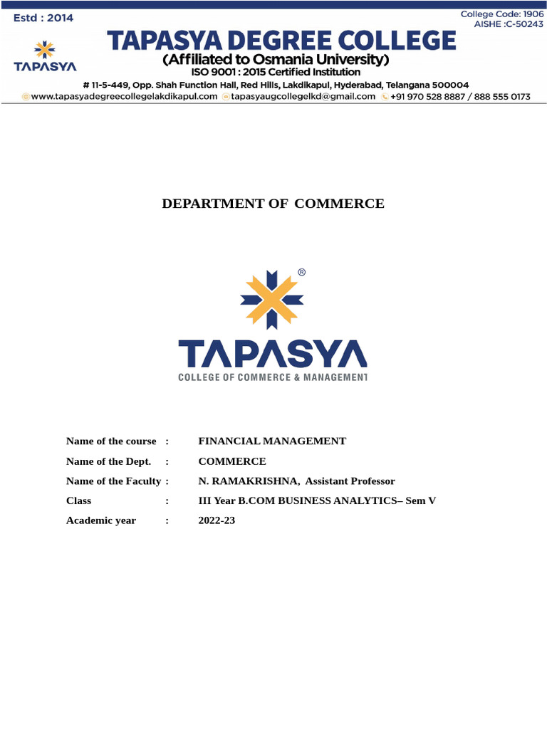 Financial Management Bcom Ba v Sem 2022-23 | PDF | Cost Of Capital | Financial Accounting