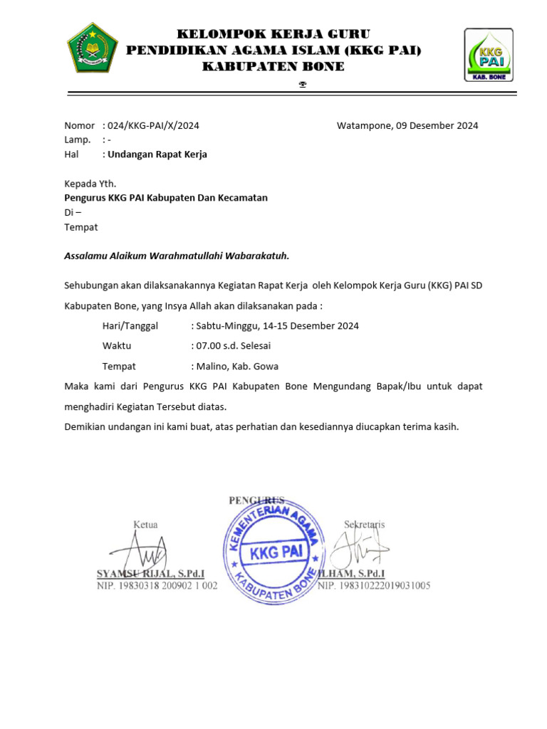 Undangan Rapat Kerja KKG PAI Bone | PDF
