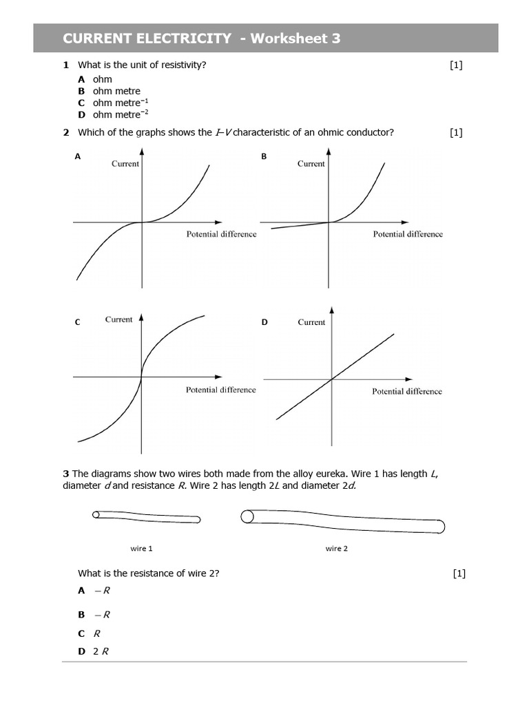 Current Electricity Worksheet 3 | PDF | Electrical Resistance And ...