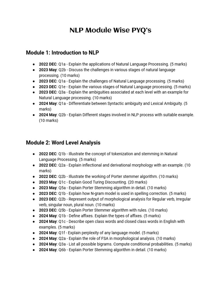 NLP Module Wise PYQ’s | PDF | Linguistics | Human Communication NLP Module Wise PYQ’s | PDF | Linguistics | Human Communication