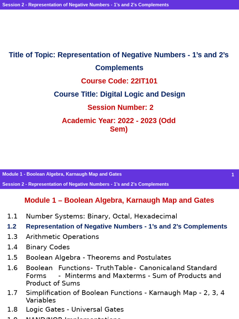 1.2 - Representation of Negative Numbers - 1’s and 2’s Complements ...